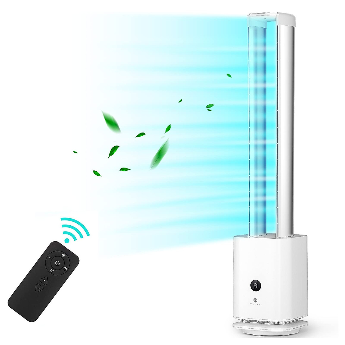 ULTTY Bladeless Tower Fan and Air Purifier in one, Bedroom Fan with HEPA Filter Smoke Dust Pollen Dander, 42.5" Oscillating Tower Fan with Remote, Touch, 8H Timer, White