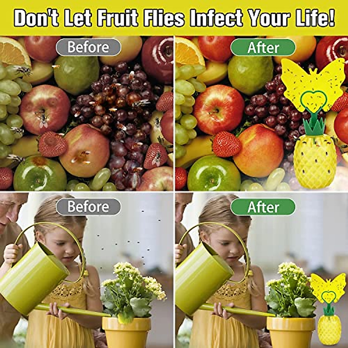 Protecker Fruit Fly Trap with Sticker, Effective Fly Catcher Gnat Trap with Yellow Sticky Traps, Gnat Trap with Bait for Indoor and Outdoor Safe Non-Toxic Fly Trap for Home, Plant, Kitchen(2 Pack)