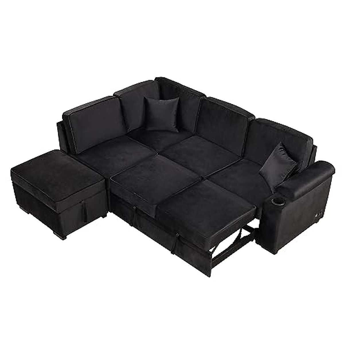 Eafurn 87.4" L Shaped Convertible Sectional Pull-Out Bed, Linen Upholstery Corner Storage Ottoman and Cup Holder & Dual USB Charge, 5 Seater Sofa & Couch for Living Room, Black w/ 2 Pillows
