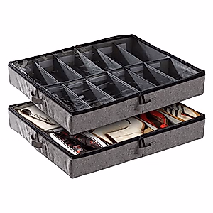 Low Profile Under Bed Shoe Storage Organizer, 4.5'' Tall and Fits Beds 5'' Off the Floor, Adjustable Dividers, Underbed Shoe Storage Solution - Set of 2 (Dark Grey)