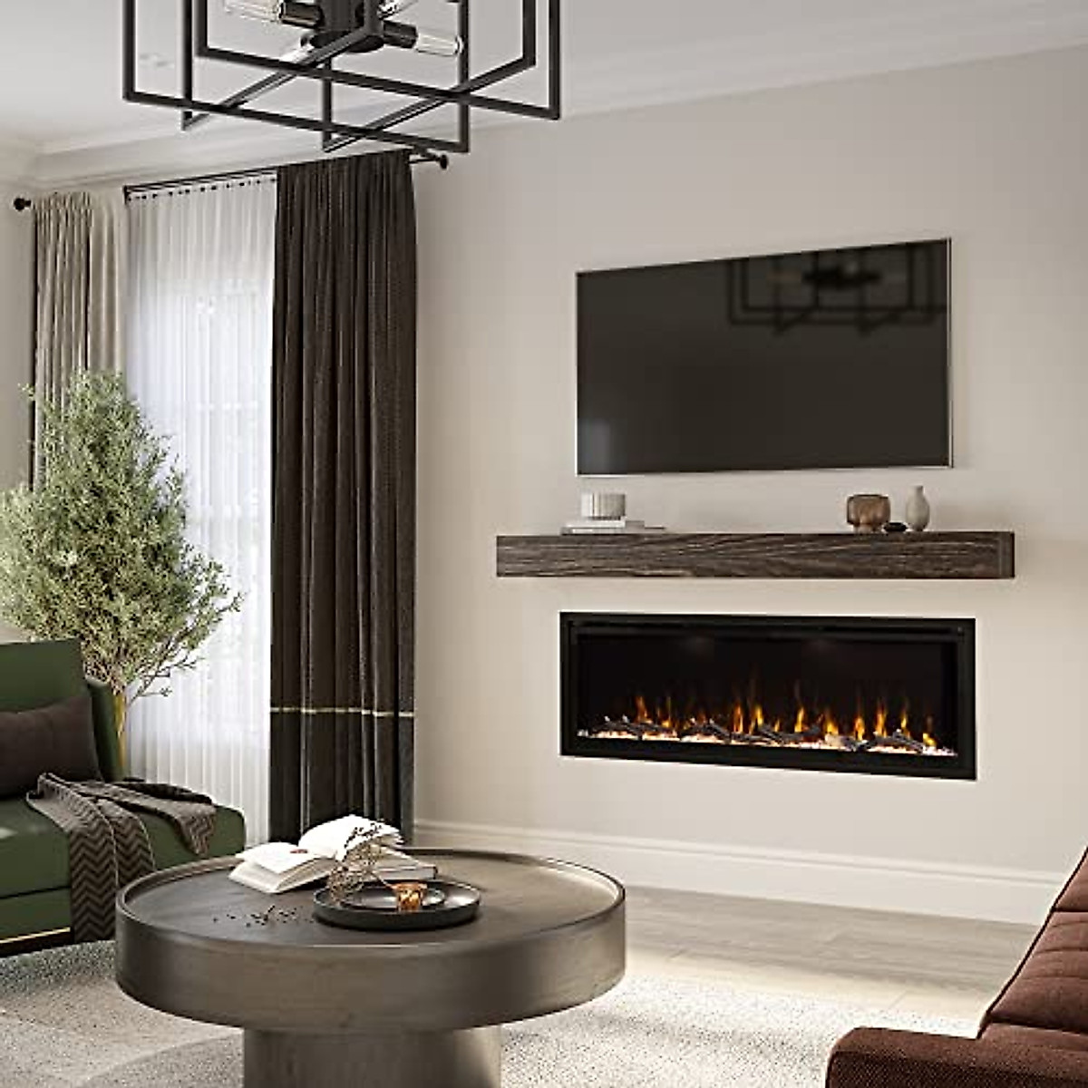 Modern Ember Aerus 72 Inch Smart Linear Electric Fireplace - Recessed in-Wall and Wall-Mount, Multiple Flame Colors, Compatible with Alexa and Google Assistant, Black