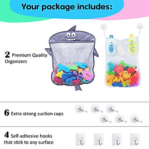 2 x Mesh Bath Toy Organizer + 6 Ultra Strong Hooks – The Perfect Bathtub Toy Holder & Bathroom or Shower Caddy – These Multi-use Net Bags Make Baby Bath Toy Storage Easy – For Kids & Toddlers