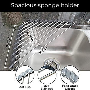 Roll Up Sponge Holder for Counter, Sink Organizer for Kitchen, Bathroom, Laundry Room, 304-Stainless Steel Sink Organizer for Sponge, Brush, Scrubber, Soap Dispenser Holder, Dish Drying Rack (Gray)