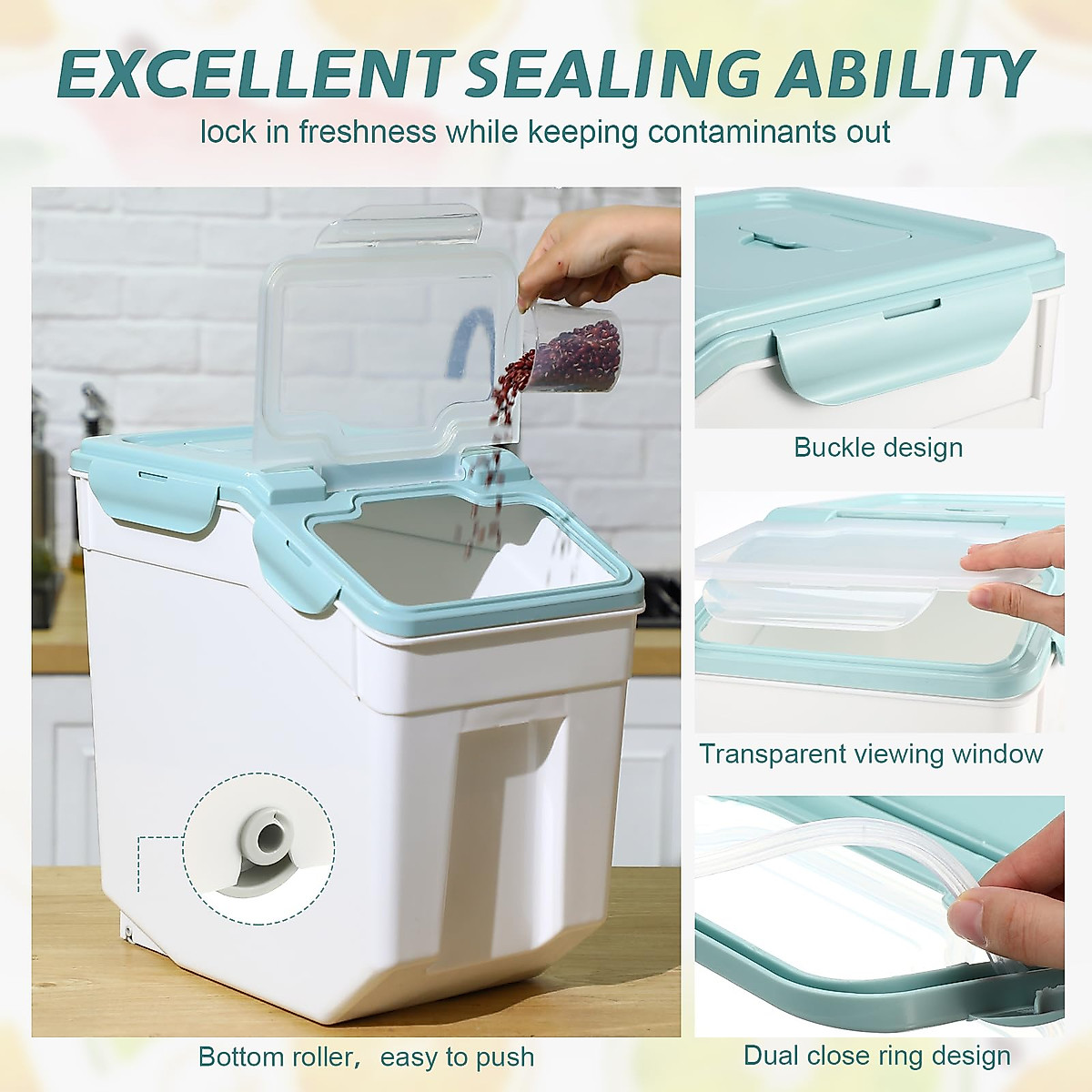 Sunnyray 4 Pcs 55 lbs Grain Rice Storage Container Blue Flour Bin with Wheels Cup Leak Proof Pet Food Storage Boxes Seal Locking Lid Plastic Rice Containers Set for Cereal Flour Cat Dog Food Kitchen