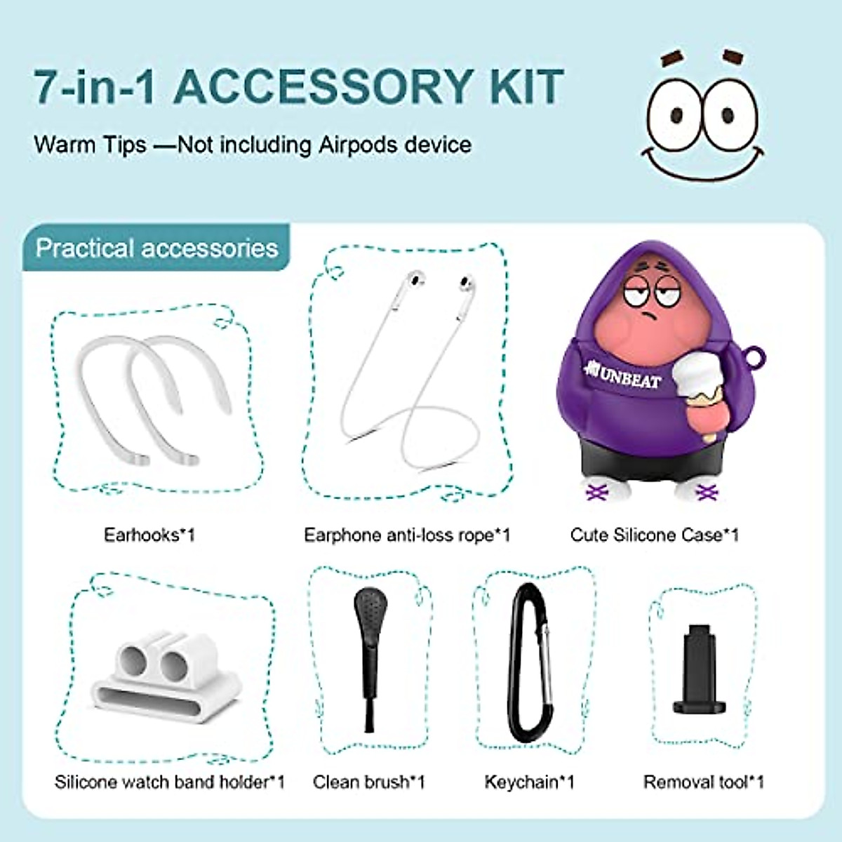 AIBEAMER [7in1] Case for Airpods 2&1 Cute Funny Air Pods Cover, 3D Cartoon Character AirPod 2 Cover Silicone Protective Skin Boys Girls Fashion Kawaii Case for Apple Airpods1/2 with Keychain (Purple)