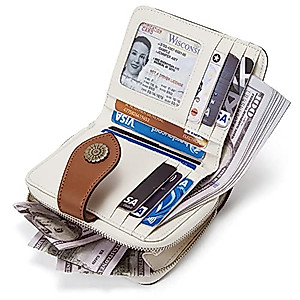 BOSTANTEN Leather Wallets for Women RFID Blocking Zipper Pocket Small Bifold Wallet Card Case White