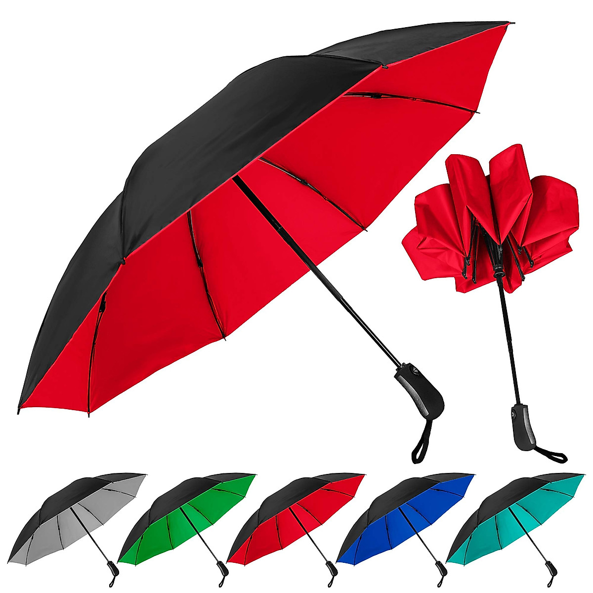 The Color Flip 46" Windproof Compact Inverted Umbrella Automatic Open Close Inside Out Mini Lightweight Reverse Umbrella for Rain & Sun, Strong Fiberglass Folding Umbrella For Men and Women, Red/Black