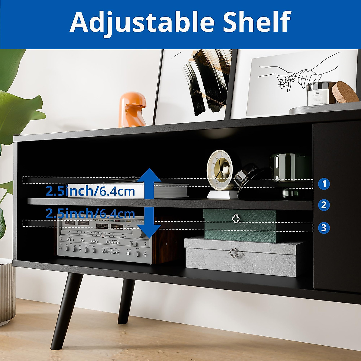 Cozy Castle TV Stand for 48 Inch TV, Mid Century Modern Entertainment Center with Storage Cabinet, TV Media Console for Living Room, Bedroom, Black