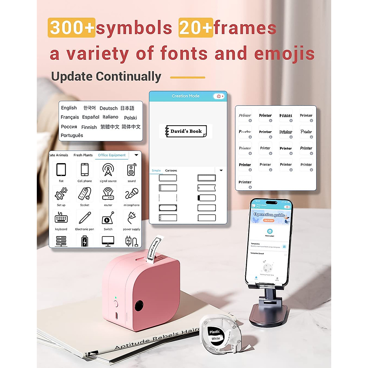 Phomemo Label Maker Machine with Tape, P12 Pro Portable Bluetooth Label Printer, Small Smart Phone Handheld Sticker Mini Labeler Multiple Templates Easy to Use Inkless Rechargeable Office Home- Pink