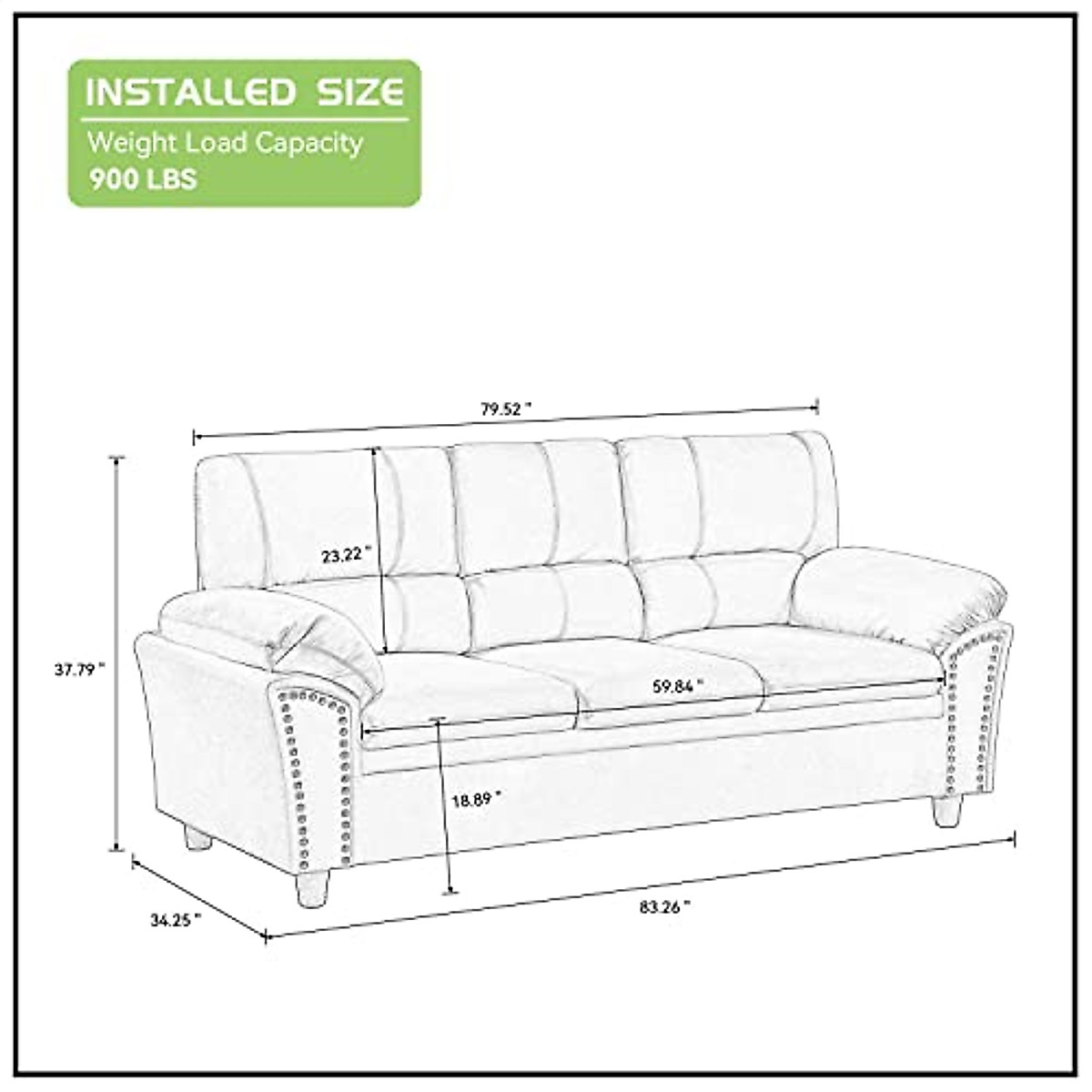 KEVINSPACE 83.26" 3 Seater Sofa Velvet for Living Room,Tufted Upholstered Couch with Wider Arms and Nailhead for Bedroom, Office, Apartment Blue