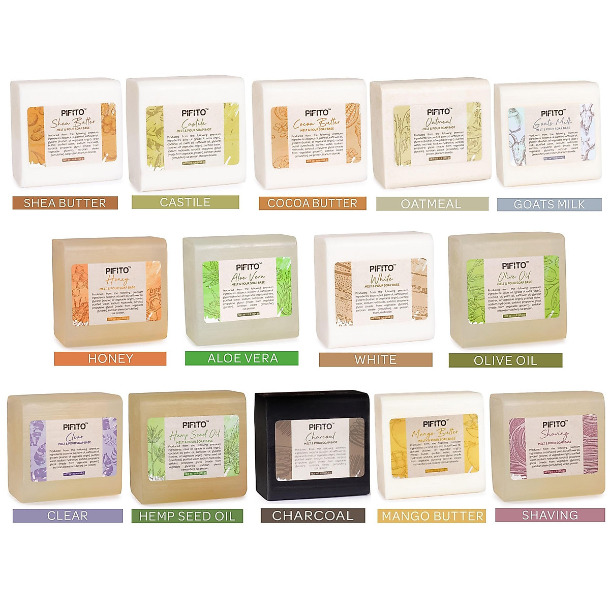 Pifito Melt and Pour Soap Base Sampler (7 lbs) │ Jojoba Oil, Sweet Almond Oil, Mango Butter, Apricot Kernel Oil, Grapeseed Oil, Oatmeal, Clear (1lb ea) │ Glycerin Soap Making Supplies