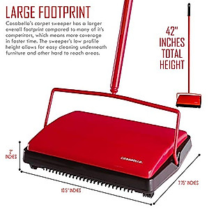 Casabella Floor & Carpet Sweeper Manual Non Electric Cleaner - Red
