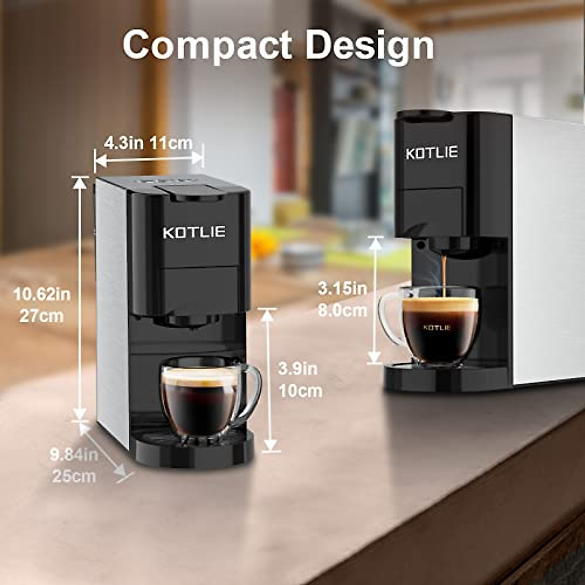 KOTLIE Latest Single Serve Coffee Maker,4in1 Espresso Machine for K-Cup/Nespresso Original/Ground/ESE Capsule Pod,3 Pods,2 Bowl,2oz to 10oz Cup, 28oz Removable Water Tank,19 Bar,1450W