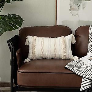 OJIA Lumbar Decorative Boho Throw Pillow Cover, 12 x 20 Farmhouse Cute Pillowcase Minimalist Neutral Collection Cream White Tufted with Tassels Woven Cushion Cover for Sofa Couch Bedroom Living Room