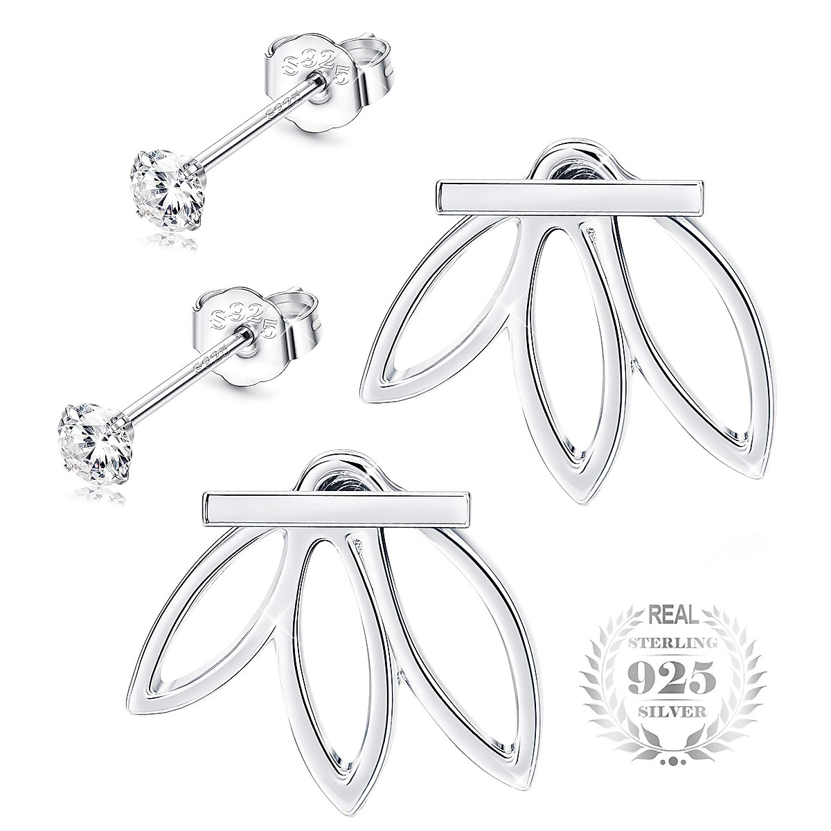 Milacolato 925 Sterling Silver Stud Earrings Set for Women 14K Gold Plated Ear Jacket Studs Lotus Flower Cubic Zirconia Stud Earrings Small Simple Chic Earrings Set