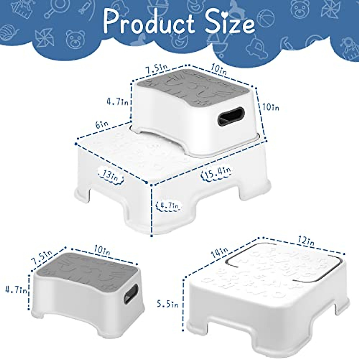 2 Step Stool for Kids and Toddler,Anti-Slip Sturdy Bathroom Toilet Step Stools,Double up Step Stool with Soft Grips,for Potty Training,Sink,Kitchen(White)