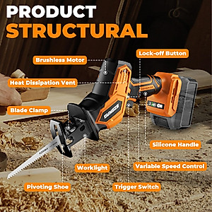 Cordless Reciprocating Saw for DeWalt 20V Battery, 3 Variable Speed 0-3500 Brushless Recipro Saw, Tool-free Blade Change, 4 Saw Blade Potable Recipro Saw kit for Wood/Metal/PVC Cuts - Tool Only