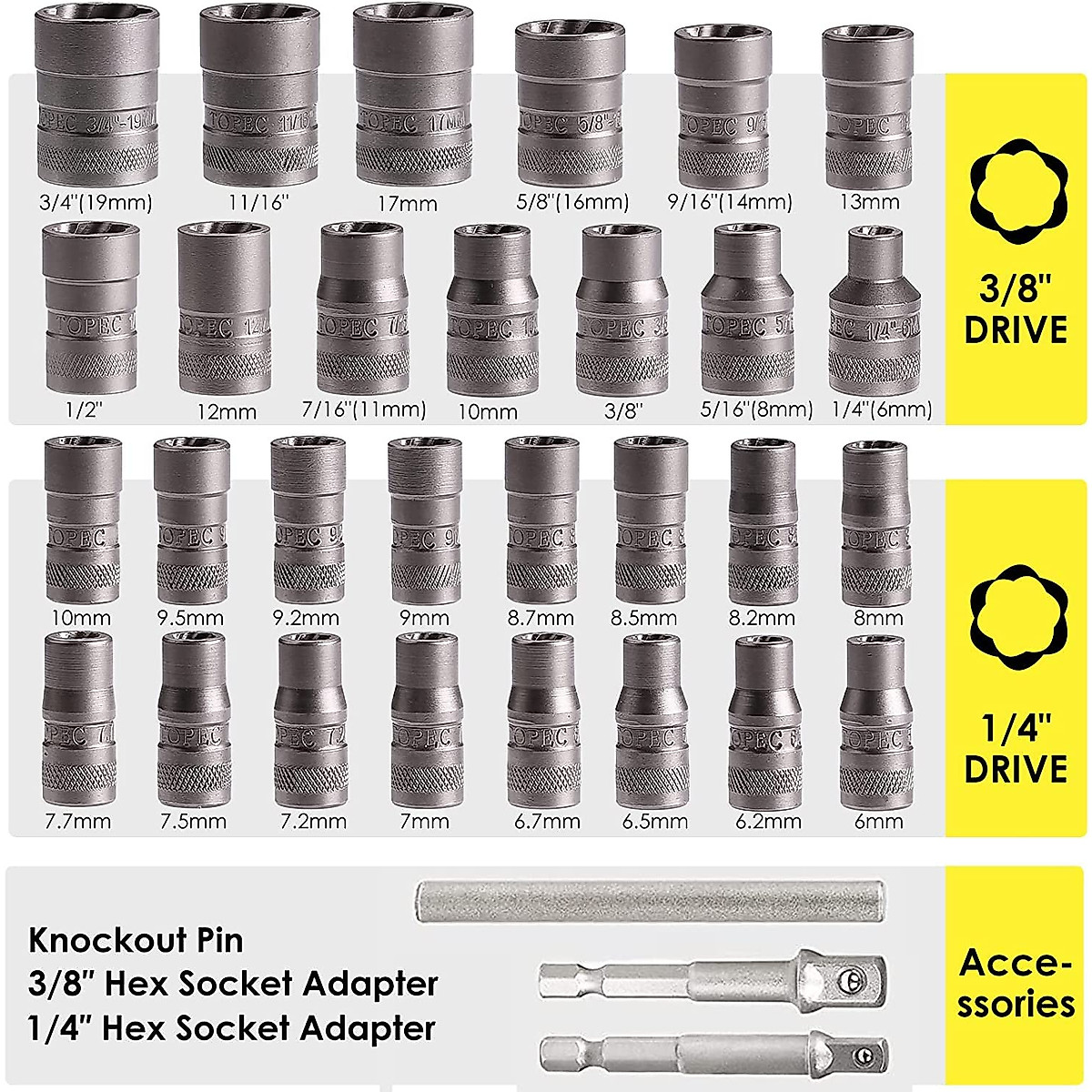 TOPEC Upgrade Bolt Extractor Kit, 32PCS Impact Bolt & Nut Remover Set, 6mm-19mm Stripped Bolt Extractor Socket Set, Eazy Out Bolt Extractor Set for Stripped, Broken, Rounded Bolts, Nuts & Screws