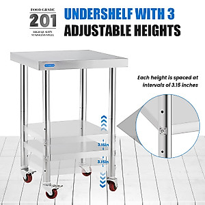 KUARBARR Stainless Steel Table for Prep & Work with 4 Caster Wheels with Undershelf 18 x 24 NSF Metal Commercial Kitchen Prep Table with Adjustable Under Shelf Worktable for Restaurant Home Outdoor