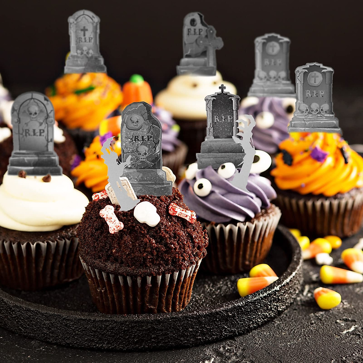 Whaline 37Pcs Halloween Cupcake Toppers Zombie Hand Tombstone Graveyard Cake Toppers Scary Halloween Toothpick Flags Table Centerpiece for Halloween Birthday Party Supplies Dessert Decorations