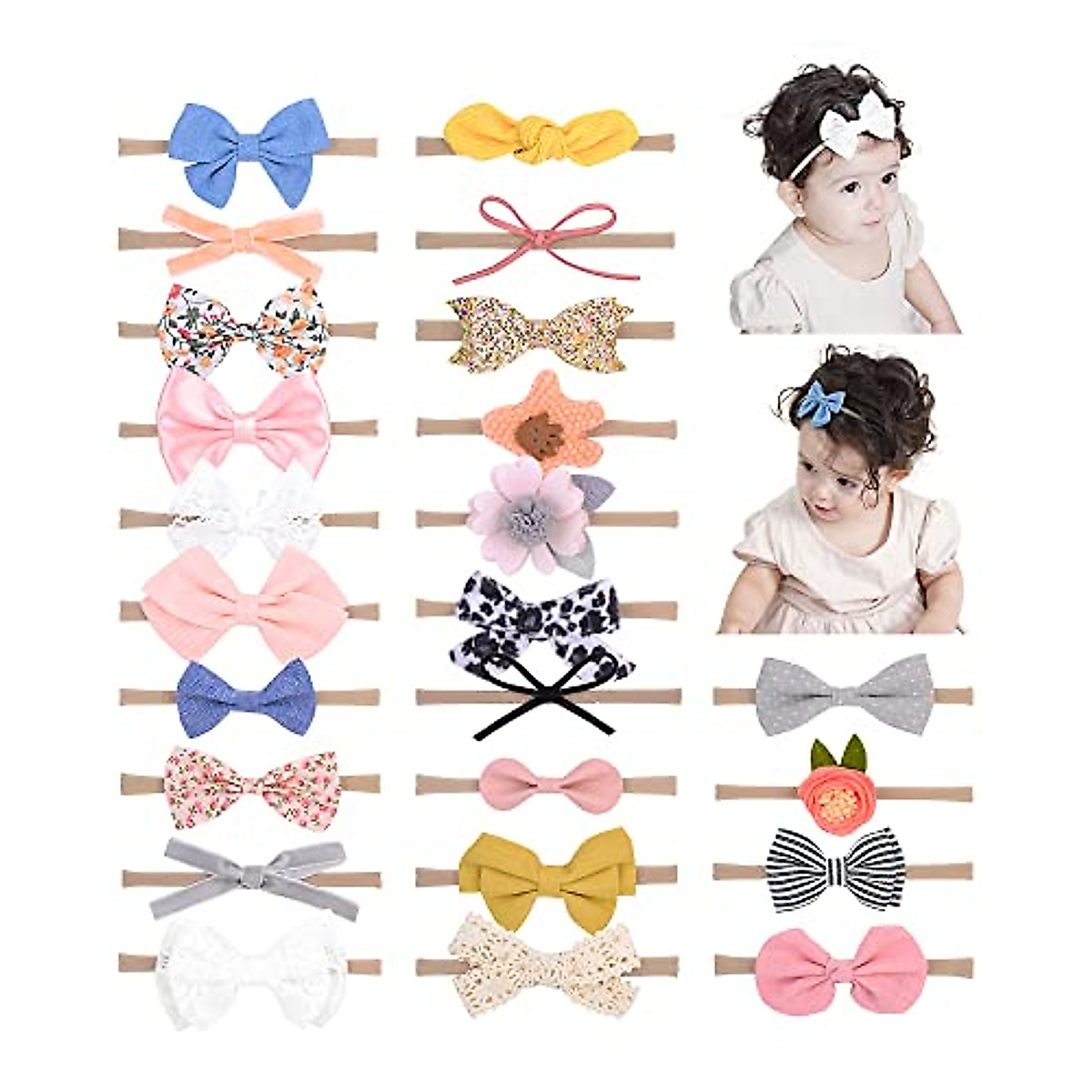 doboi 24pcs Baby Girls Flower and Hair Bows Headbands Soft Nylon Hairbands Elastic Hair Accessories for Newborns Infants Toddlers and Kids