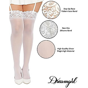 Dreamgirl Women's Plus-Size Lace Top Sheer Thigh-High Stockings, White, Queen/Small