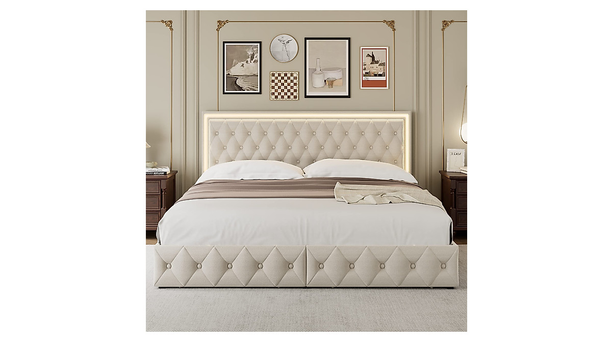 Keyluv King Upholstered LED Bed Frame with 4 Drawers, Velvet Platform ...
