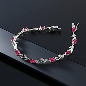 Gem Stone King 925 Sterling Silver Red Created Ruby and White Diamond Greek Vine Tennis Bracelet For Women (4.63 Cttw, Oval 6X4MM, 7 Inch)