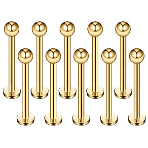 Ruifan 10PCS 16G Gold Plated 316L Stainless Steel 3mm Ball Labret Monroe Lip Ring Tragus Helix Cartilage Earring Stud Barbell 12mm Bar Length Body Piercing Jewelry