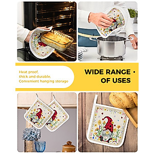 2 Pack Pot Holders for Kitchen,Spring Idyllic Gnome Yellow Daisy Flower Red Ladybug Heat Proof Potholder Hot Pads Trivet,Elf Country Floral Plant Washable Coaster Potholders for Cooking Baking