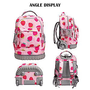 BAMIFEI 18 inches Wheeled Rolling Backpack Multi-Compartment College Books Laptop Bag Business Trip Carry-on, Strawberry