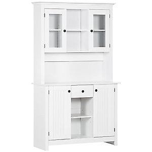 HOMCOM Freestanding Rustic Buffet with Hutch, 4 Door Farmhouse Kitchen Pantry Cabinet, Microwave Stand with Beadboard Panel, Drawer and Adjustable Shelves, White
