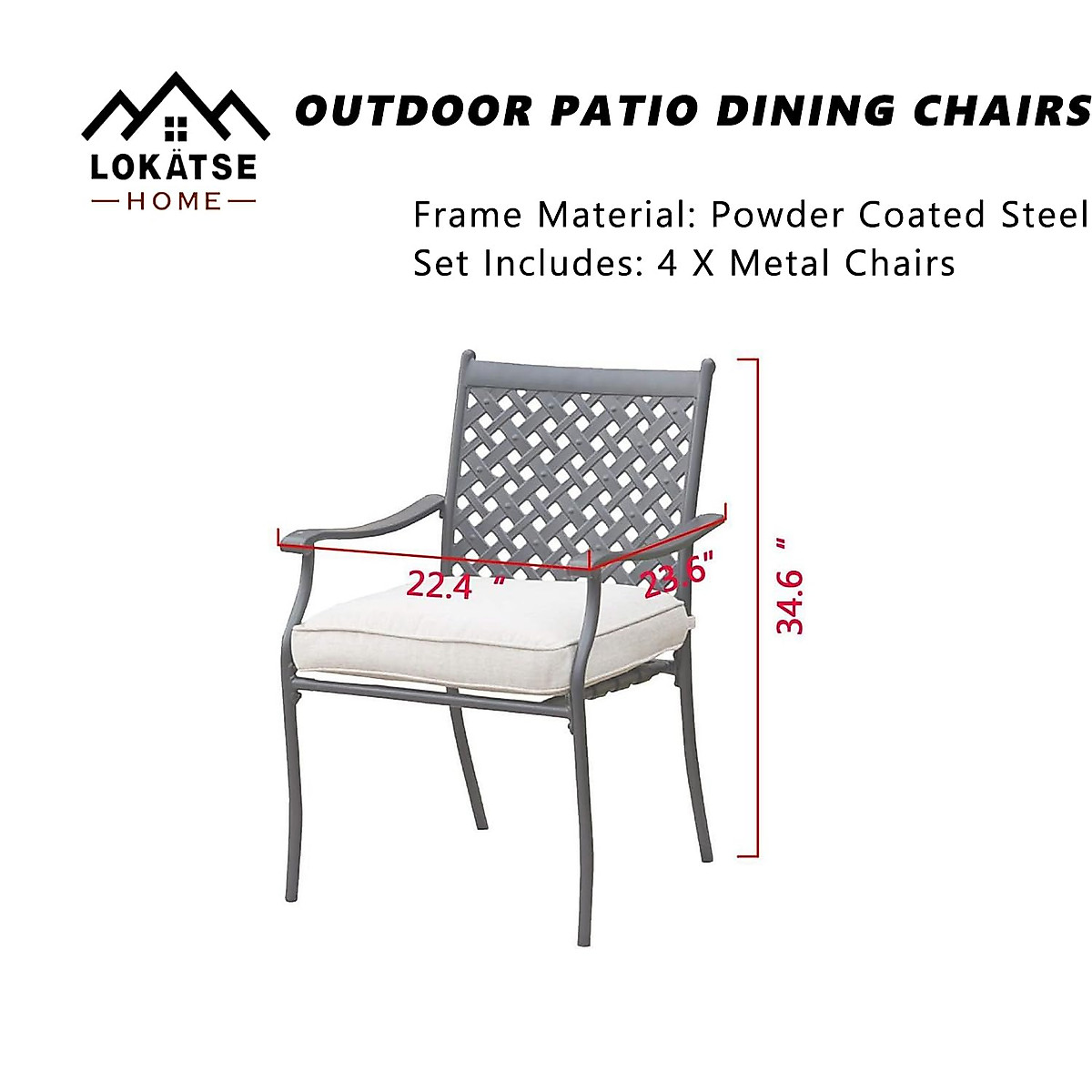 LOKATSE HOME 4 Piece Outdoor Patio Metal Wrought Iron Dining Chair Set with Arms and Seat Cushions - Beige
