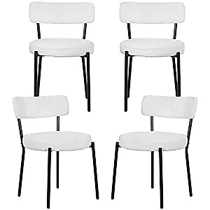 Sucrever Dining Chairs Set of 4, White, Upholstered Mid Century Modern Kitchen Dining Room Chairs with Black Metal Leg/Backrest, Boucle Velvet Accent Dining Chairs for Living Room Bedroom