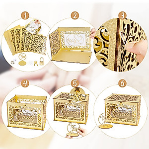 Gold Wedding Card Box with Lock and LED Fairy Lights, Glittery Wooden Gift Card Boxes Money Box Holder For Wedding Reception, Bridal Shower, Rustic Graduation Party, Keepsake Party Favor, Anniversary