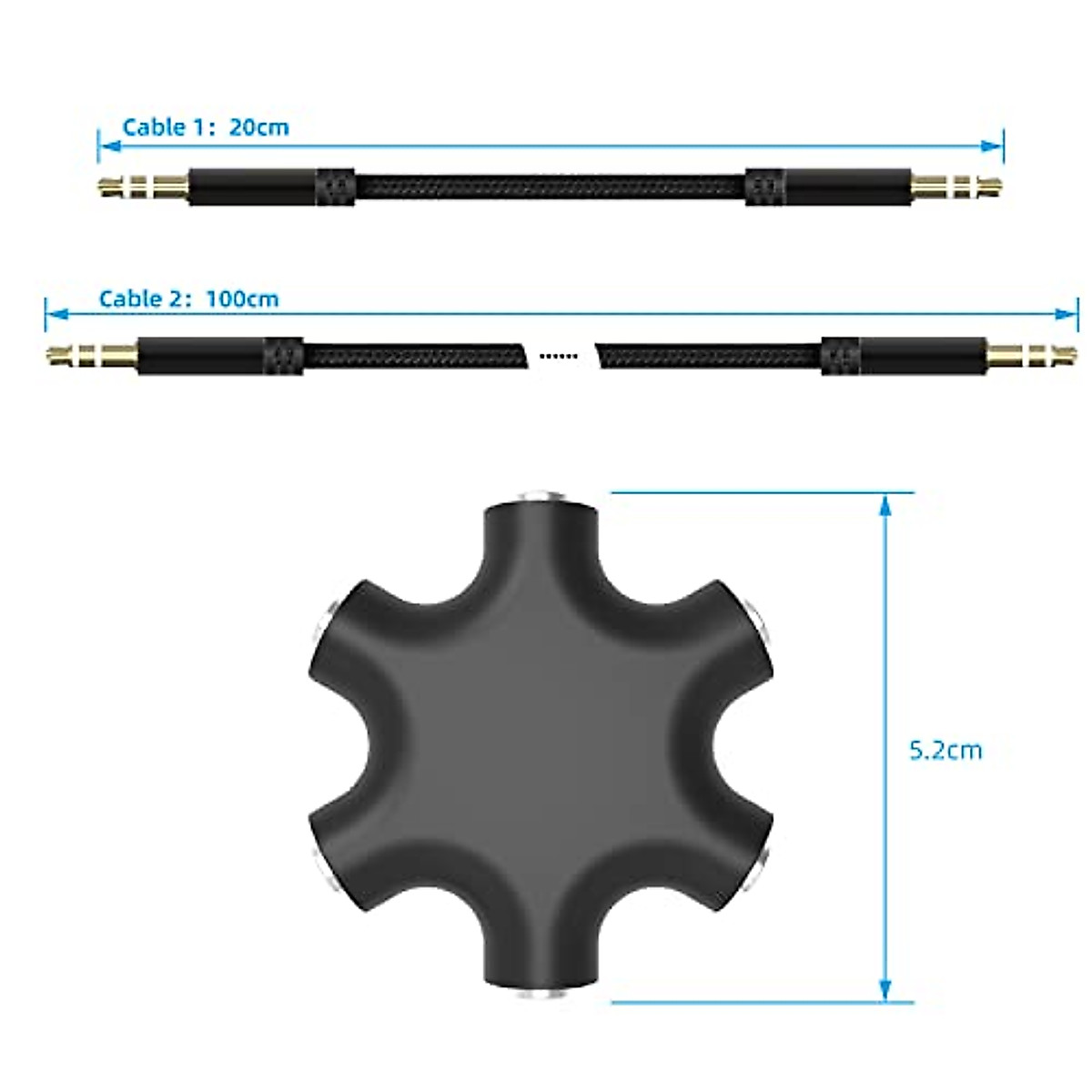 EBEETECH 3.5mm Multi Headphone Audio Splitter 5-Jack Female Connector Adapter with 3.5mm Stereo Cable 20cm & 100cm, 3-in-1Pack