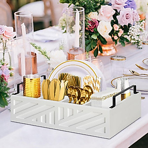 Ameuphercy Paper Plate Holder Utensil Caddy for Kitchen Counter，Paper Plate Dispenser with Large Cup Holder for Kitchen Counter, Paper Plate Organizer for Party,Wedding, BBQ(White-Carving)