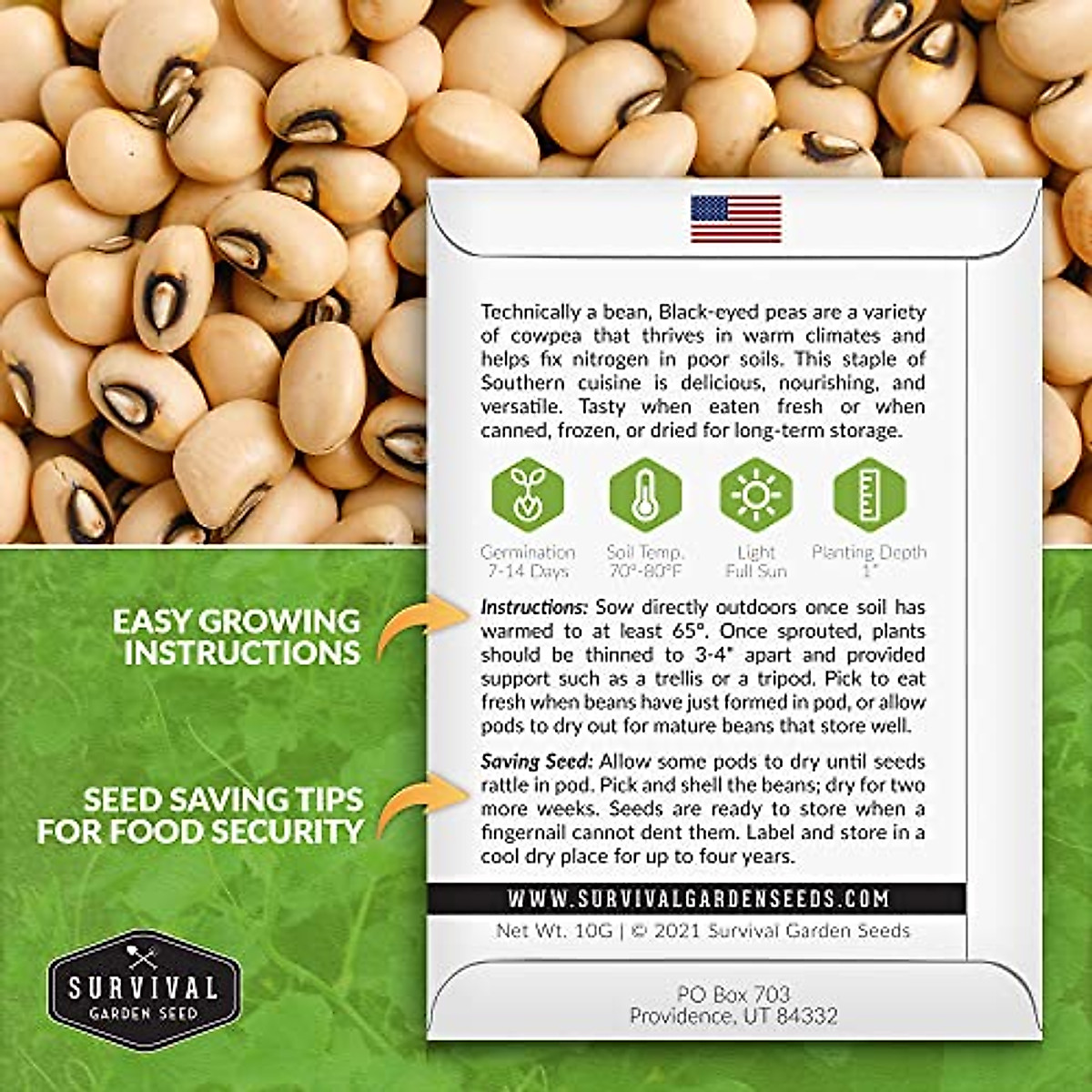 Survival Garden Seeds - Blackeyed Pea Seed for Planting - Packet with Instructions to Plant and Grow Black Eyed Cowpeas in Your Home Vegetable Garden - Non-GMO Heirloom Variety