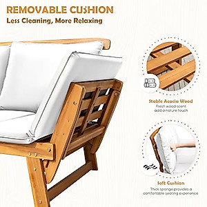 Greesum Patio Convertible Couch Sofa Bed with Adjustable Armrest, Acacia Wood Outdoor Daybed with Cushion & Pillow, Folding Chaise Lounge Bench for Porch Courtyard Poolside，White