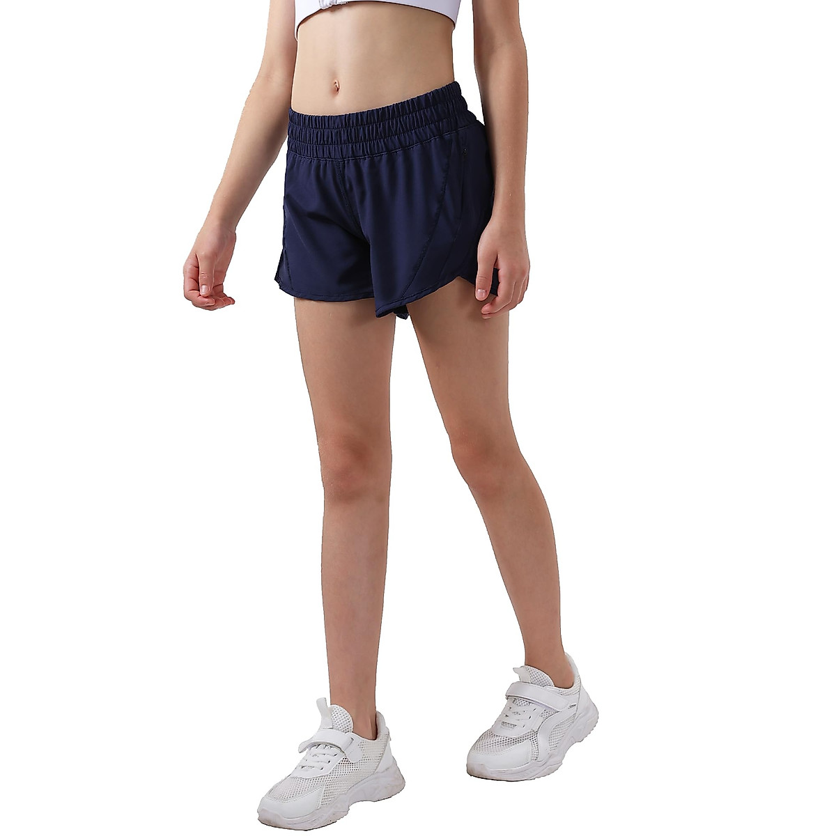 Aurefin Girls Athletic Shorts, Quick Dry Running Shorts for Kids Teen Girls Active Sports Track Shorts with Zip Pocket Liner Navy Blue/XS