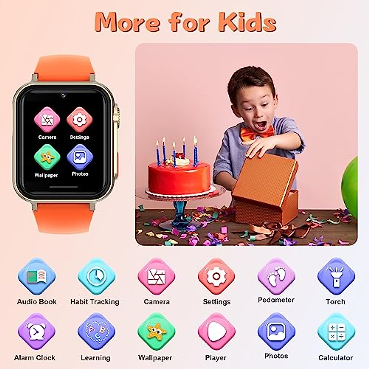Kids Smart Watch for Boys Girls with Games, Children Educational Smartwatch with Camera Bedtime Stories Music Alarm Pedometer, Smart Watch for Kids Toy Gifts for Toddlers 3 4 5 6 Years Old (Orange)