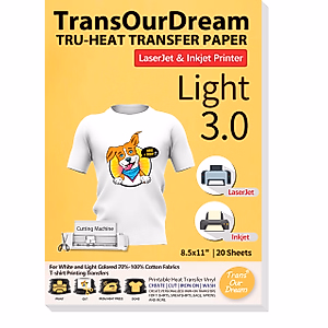 TransOurDream Iron on Heat Transfer Paper for Light T Shirts (20 Sheets 8.5x11", 3.0) Printable HTV Heat Transfer Vinyl for Inkjet & Laserjet Printer Iron On transfers for T Shirts (TRANS-L3-1-20)