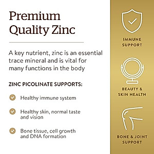 Solgar Zinc Picolinate 22 mg, 100 Tablets - Promotes Healthy Skin - Supports Immune System, Normal Taste & Vision - Antioxidant - Non GMO, Vegan, Gluten Free, Dairy Free, Kosher - 100 Servings