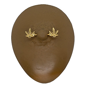 Pierce2GO 2 Pcs 14G Gold Marijuana Leaf Nipplerings Piercing Women Nipple Rings - 9/16" Barbell (Gold)