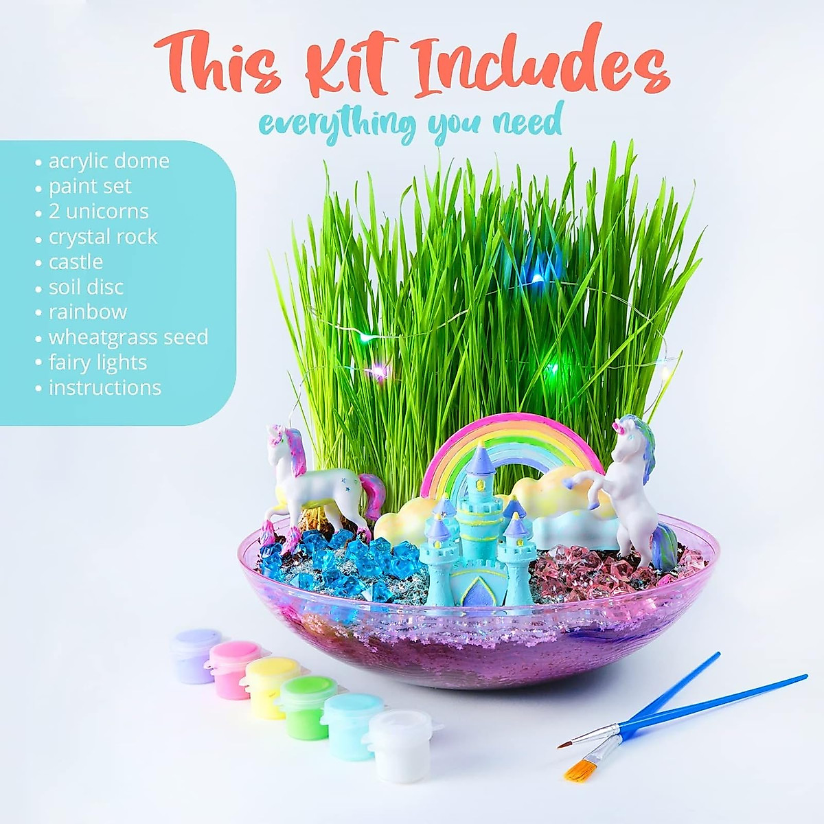 Bryte Light Up Unicorn Terrarium Kit for Kids - Grow Plant, Castle, Paint Set, Crystal Rock, Fairy Garden Lights, Arts & Crafts, STEM Activities, Birthday Gifts, Toys for Girls Aged 4 –12 yrs