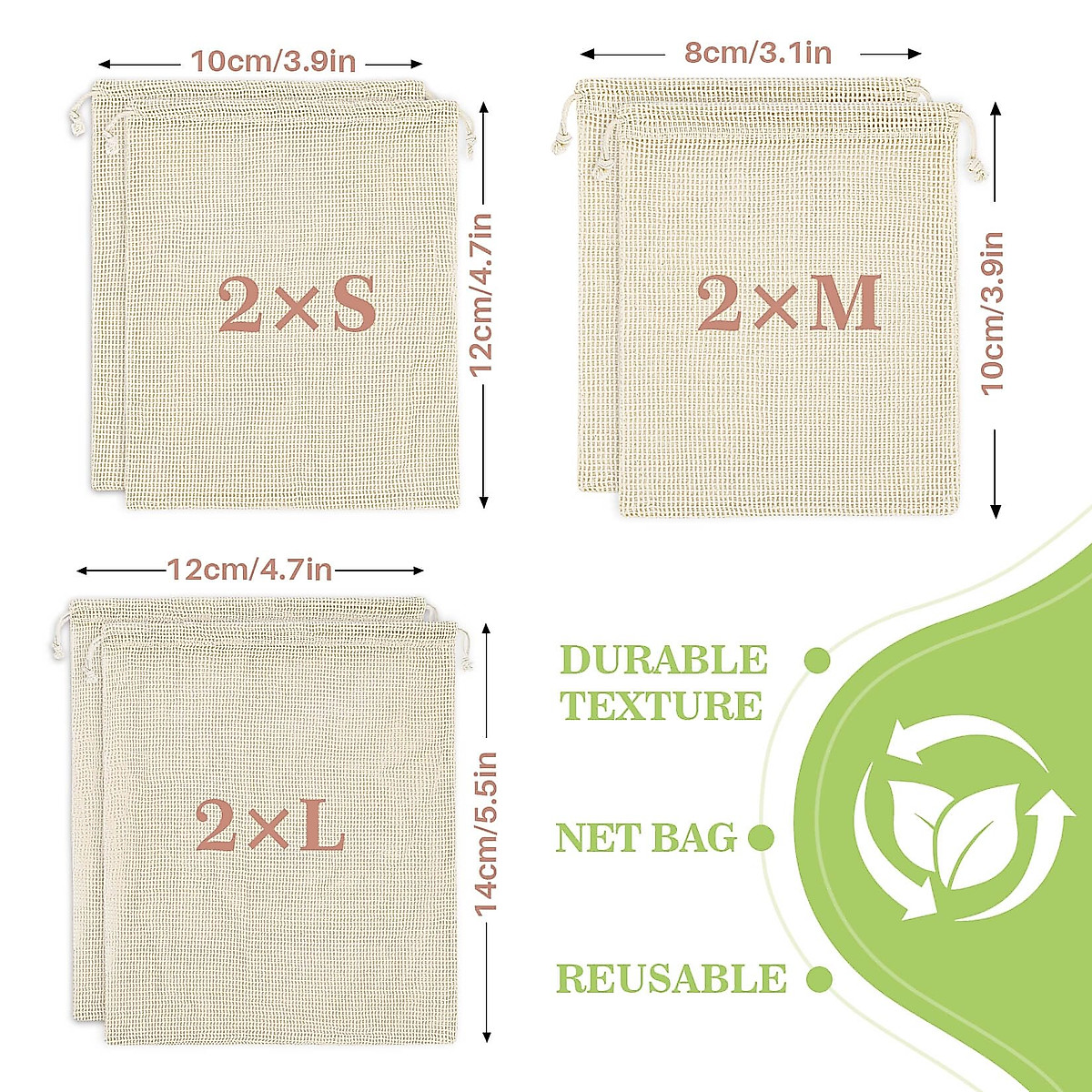 MAQIHAN 6 Pack Reusable Produce Bags Cotton Mesh Produce Bags Mesh Storage Produce Bags Reusable Durable Double Stitched With Drawstring Produce Bag For Vegetables,Fruit & Grocery Shopping (2L,2M,2S)