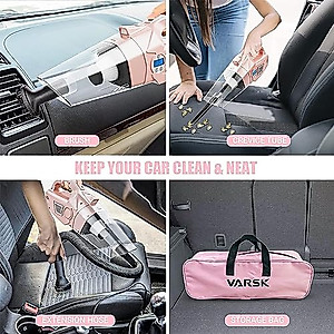 VARSK 4-in-1 Car Vacuum Cleaner High Power, Tire Inflator Portable Car Vacuum with Digital Tire Pressure Gauge LCD Display and Light, 12V DC, 15FT Cord, Pink Car Accessories for Women, Gifts for Her