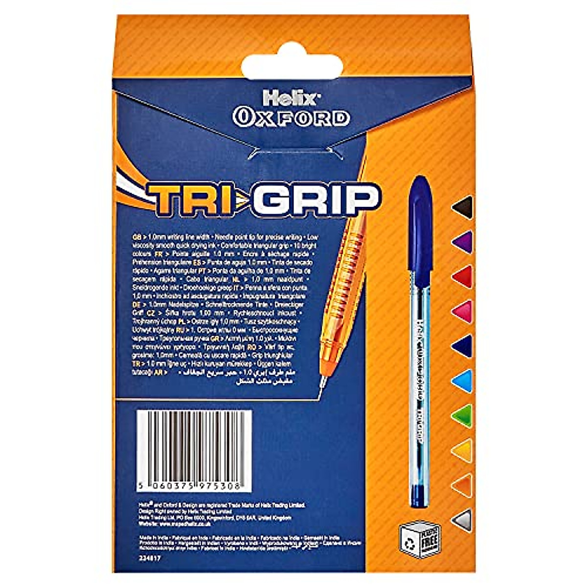 Helix Oxford Tri-Grip Ballpoint Pens (x10 Pack Assorted Colours) with Plastic Free Packaging