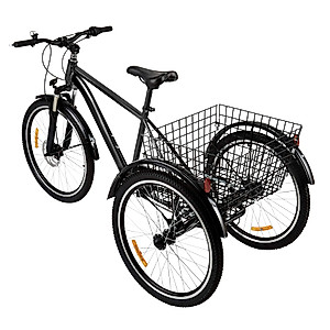 Viribus Mens Tricycle 7 Speed 24" with Front Suspension, Mountain Tricycle with Adjustable Handlebars and Seat, 3 Wheel Bike for Adults Men Women with Basket and Bell