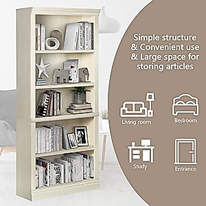 LYNSLIM Wooden Bookcase, 5-Shelf Free Standing Bookcase for Home Office Living Room Open Display Organizer Storage Bookshelf, Oak Finish Decor Furniture (2 PCS Antique White)